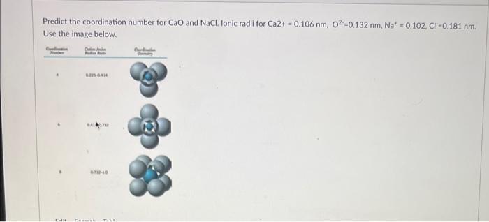 Solved Predict the coordination number for CaO and NaCl, | Chegg.com