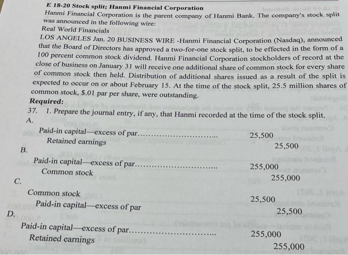 Solved E 18-20 Stock split; Hanmi Financial Corporation | Chegg.com