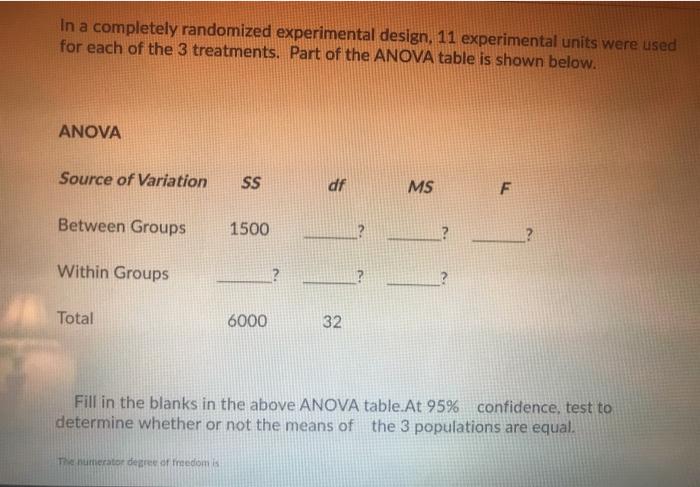 Solved In a completely randomized experimental design, 11 | Chegg.com