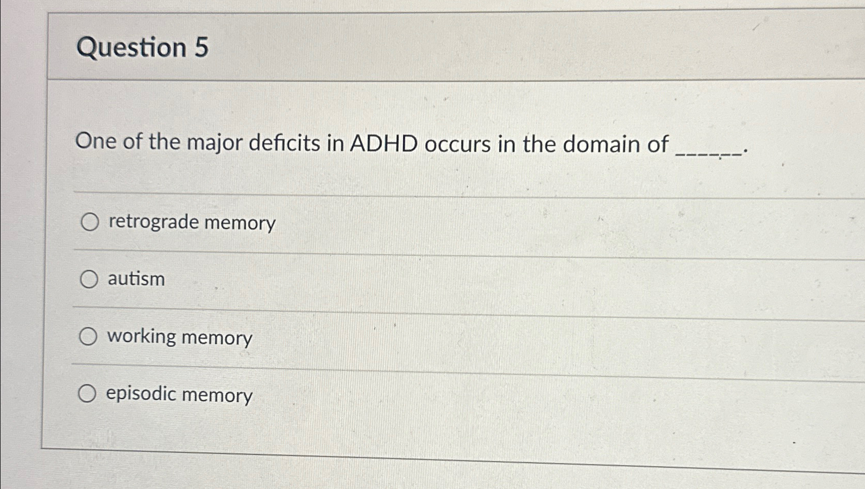 Solved Question 5One of the major deficits in ADHD occurs in | Chegg.com