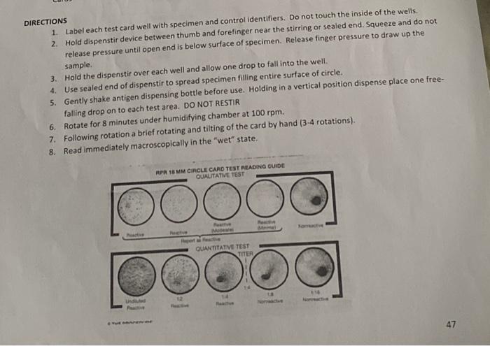 Solved DIRECTIONS 1. Label each test card well with specimen | Chegg.com