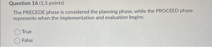 Solved Question 16 (1.5 points) The PRECEDE phase is | Chegg.com