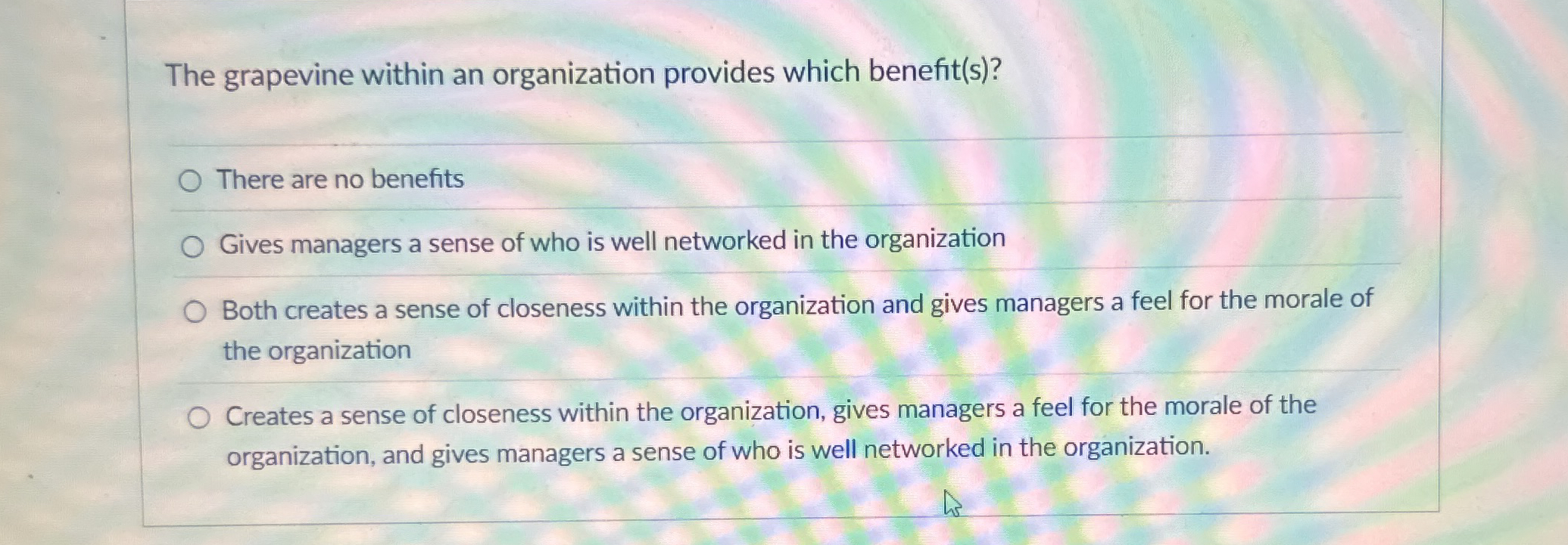Solved The grapevine within an organization provides which | Chegg.com
