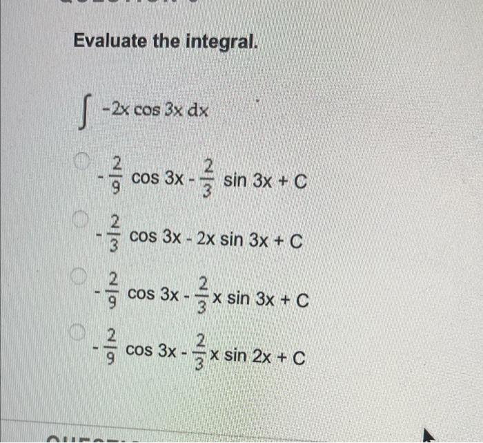 Solved QUESTION 8 Evaluate the integral. cos 8x dx Sexc [8 | Chegg.com
