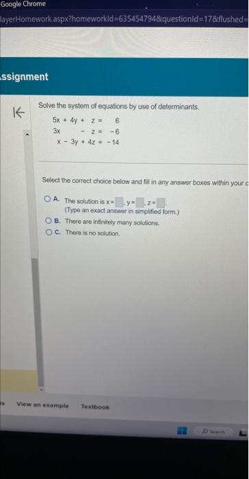 Solved Solve the system of equations by use of determinants. | Chegg.com