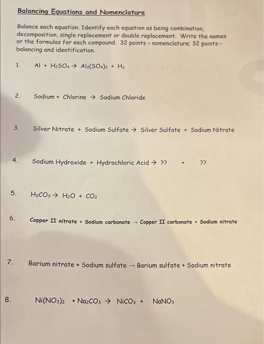 Solved Balancing Equations and Nomenclature Balance each | Chegg.com