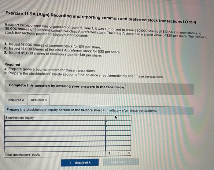 Solved Exercise 11-9A (Algo) Recording and reporting common | Chegg.com