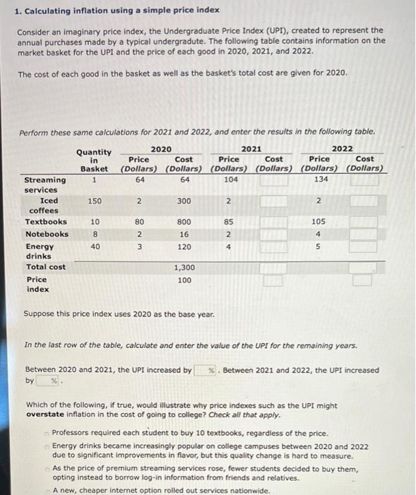 Solved 1. Calculating inflation using a simple price index | Chegg.com