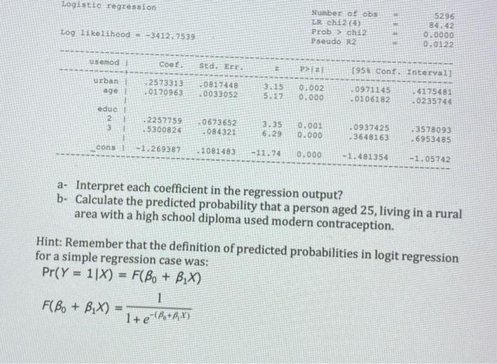 Solved There is a logit regression output below and the | Chegg.com