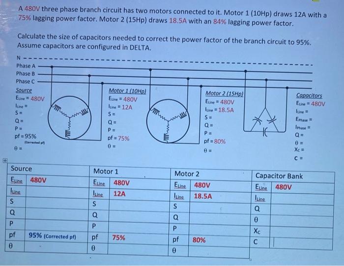 Solved A 480V three phase branch circuit has two motors | Chegg.com