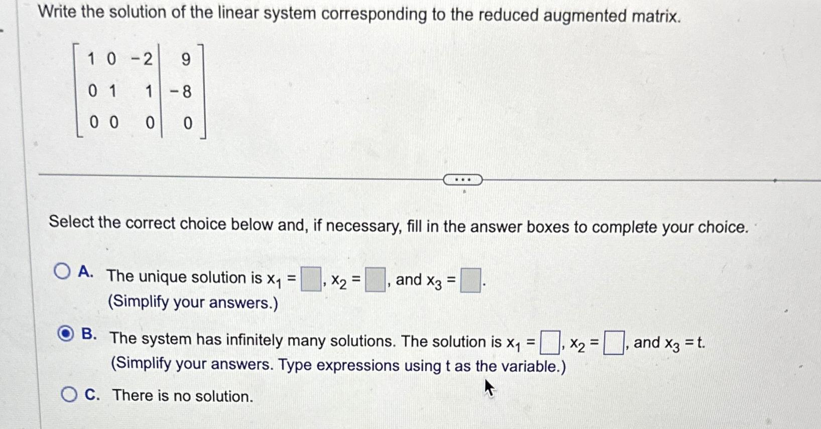 Solved Write the solution of the linear system corresponding | Chegg.com