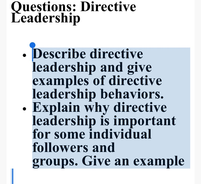 Solved Questions: Directive Leadership • Describe directive | Chegg.com