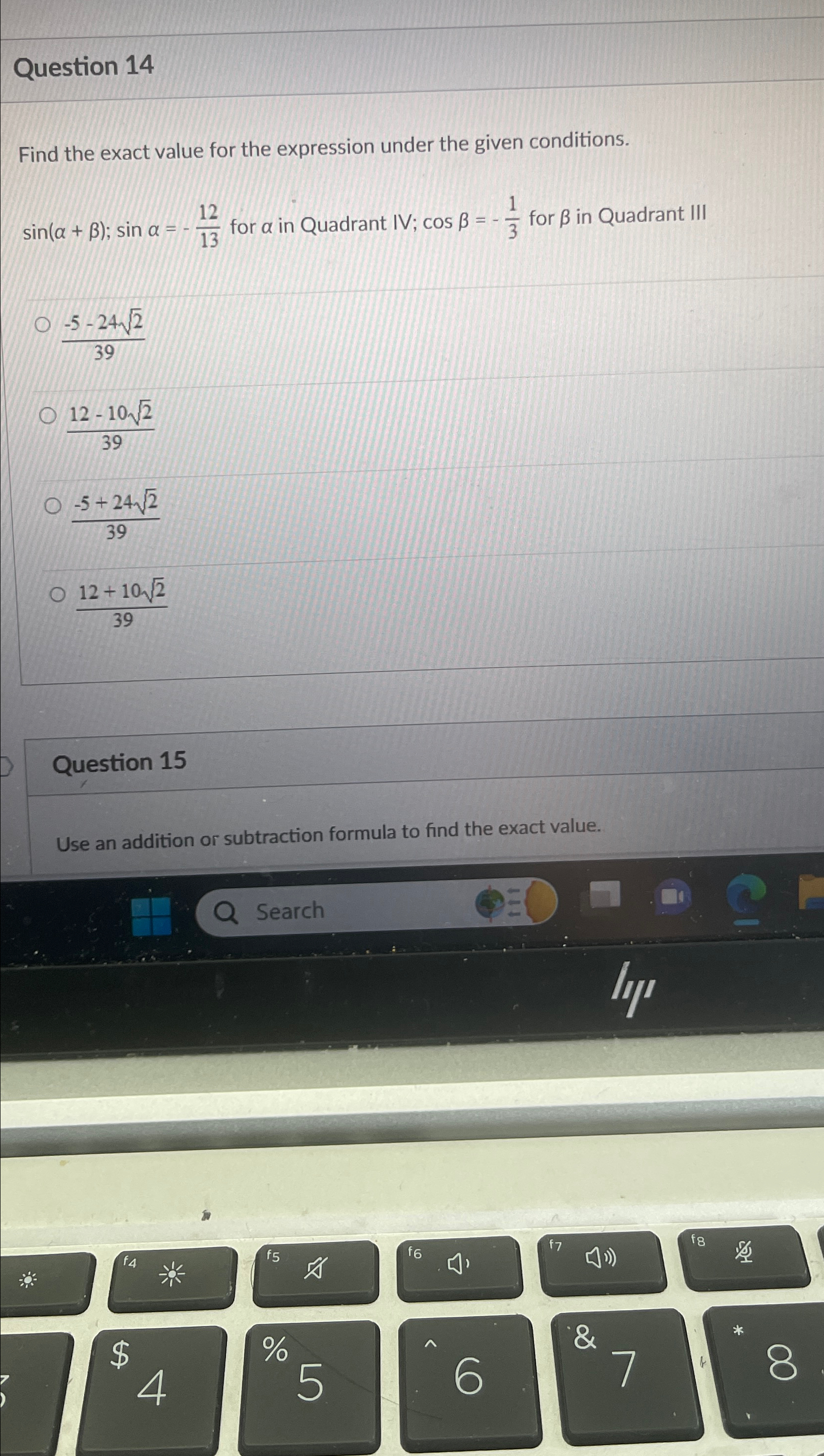 Solved Question 14Find the exact value for the expression | Chegg.com