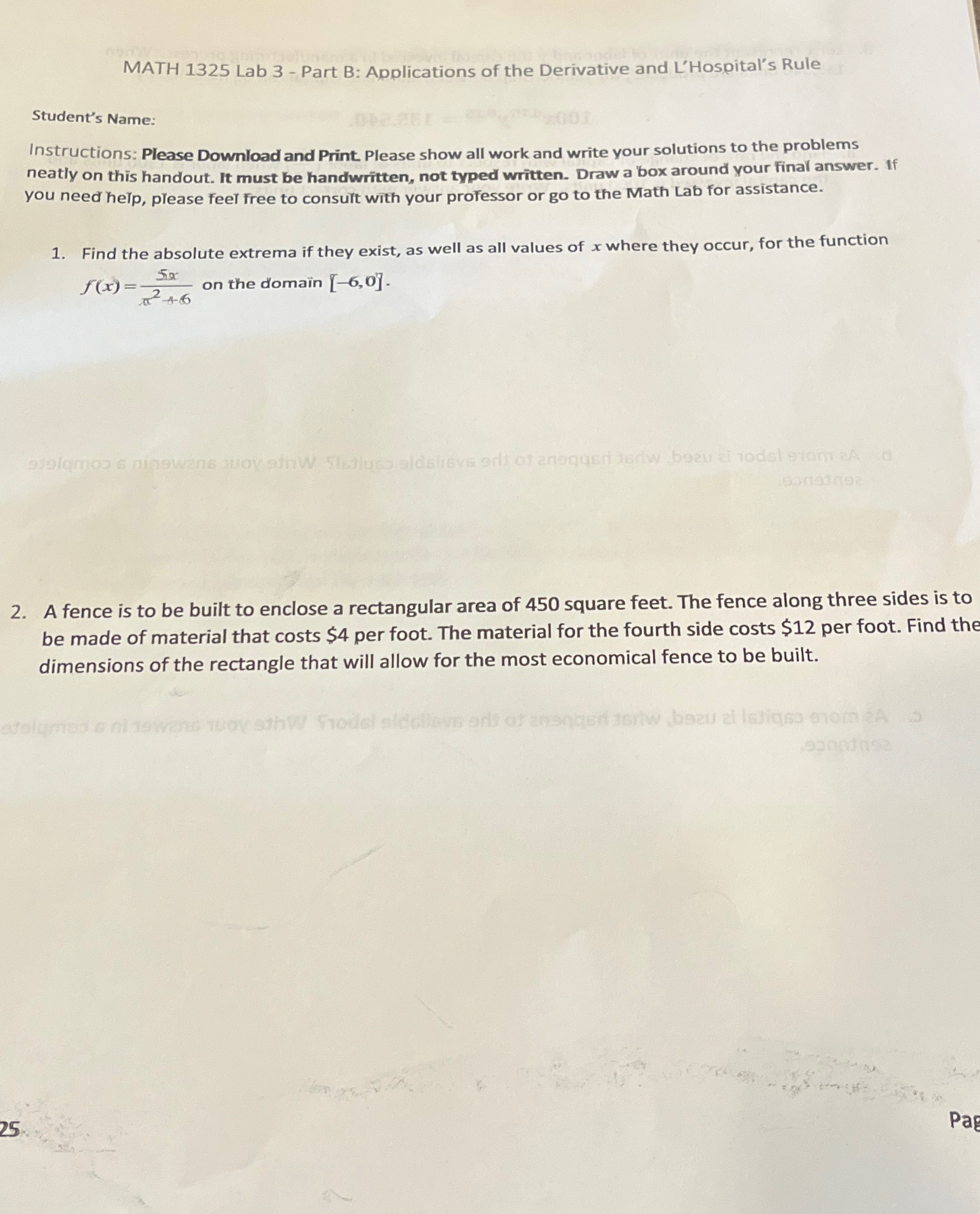 Solved MATH 1325 ﻿Lab 3 - ﻿Part B: Applications of the | Chegg.com