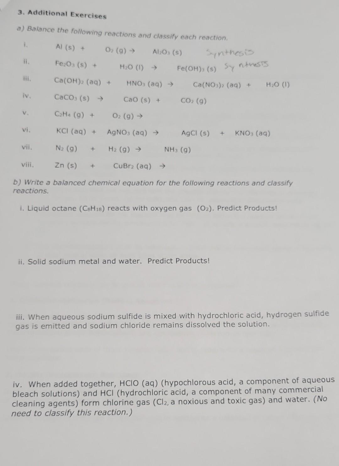 Solved 3. Additional Exercises a) Balance the following | Chegg.com