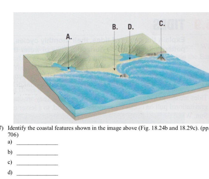Solved B. D. C. 7) Identify the coastal features shown in | Chegg.com