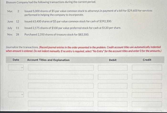 Solved Blossom Company had the following transactions during | Chegg.com