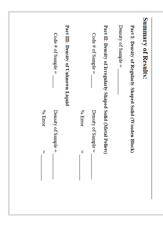 Solved EXPERIMENT: DENSITY Calculations & Results: Name: | Chegg.com