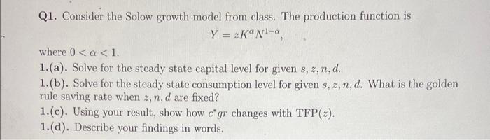 Solved Q1. Consider the Solow growth model from class. The | Chegg.com