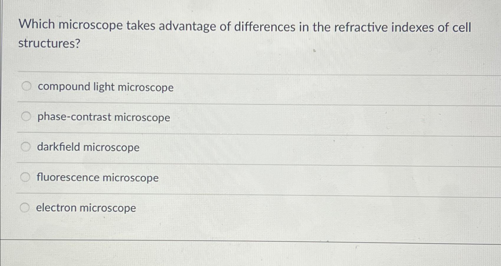 Solved Which microscope takes advantage of differences in | Chegg.com