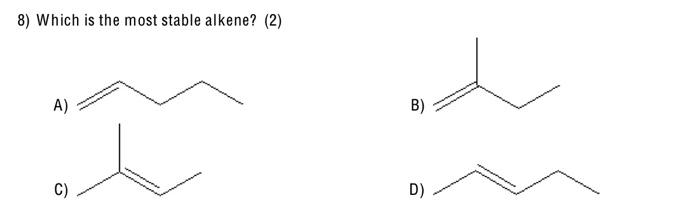 Solved 8) Which is the most stable alkene? (2) A) B) C) D) | Chegg.com