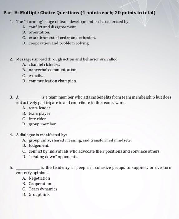 Solved Part B: Multiple Choice Questions (4 points each; 20 | Chegg.com