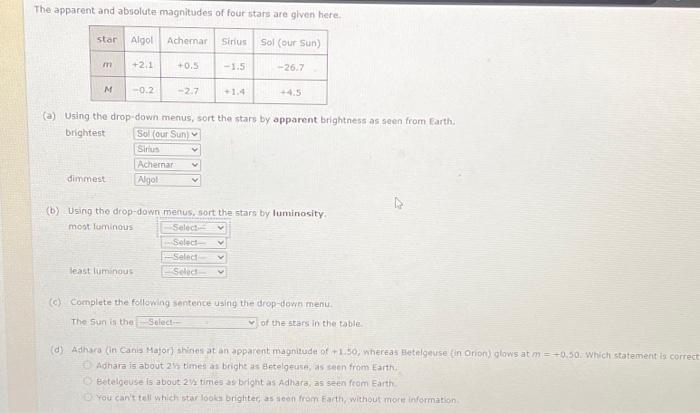 The apparent and absolute magnitudes of four stars | Chegg.com