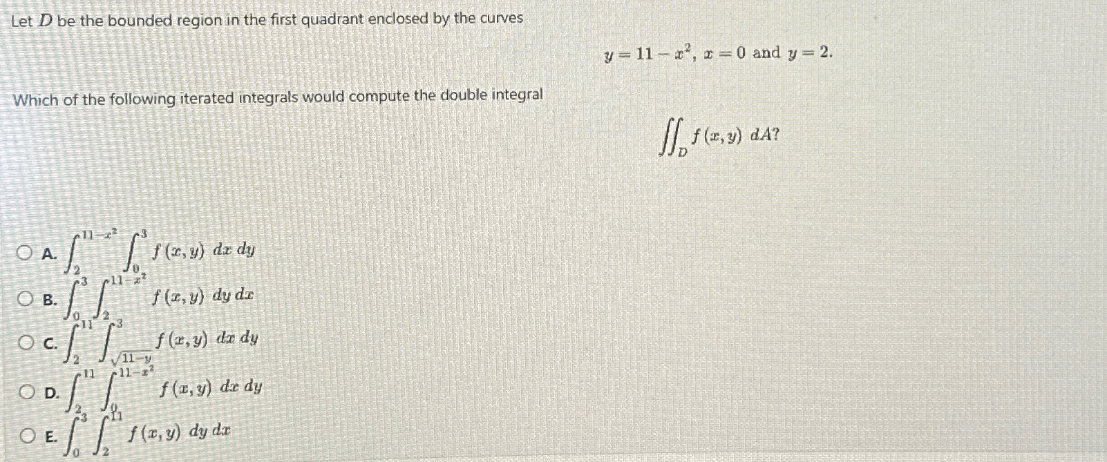 Solved Let D ﻿be the bounded region in the first quadrant | Chegg.com