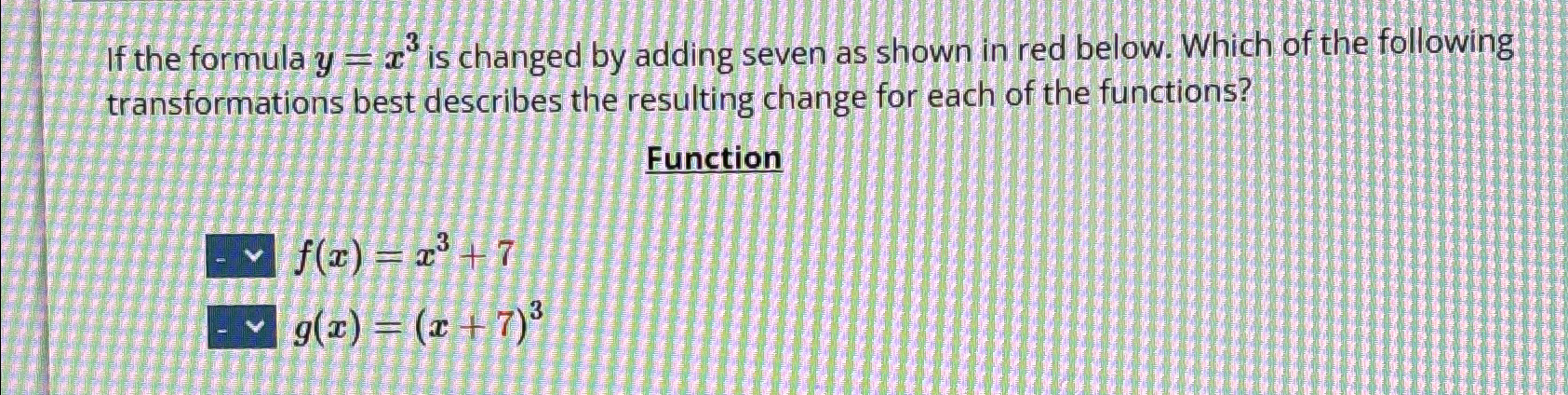 Solved If the formula y=x3 ﻿is changed by adding seven as | Chegg.com