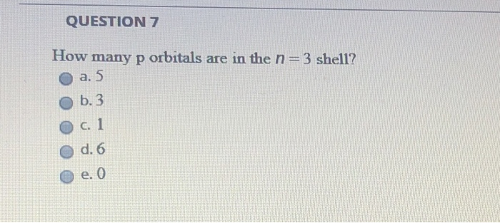 Solved QUESTION 7 How many p orbitals are in the n=3 shell? | Chegg.com