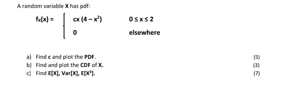 Solved A random variable X has pdf: fx(x) = cx (4 - x²) | Chegg.com