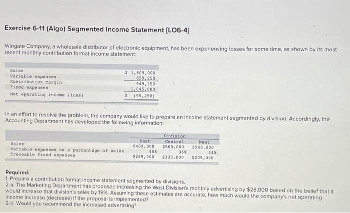 Solved 5 Exercise 6-11 (Algo) Segmented Income Statement | Chegg.com