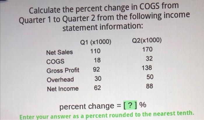 Solved Calculate the percent change in COGS from Quarter 1 | Chegg.com