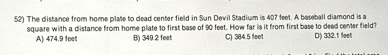 Solved The distance from home plate to dead center field in | Chegg.com