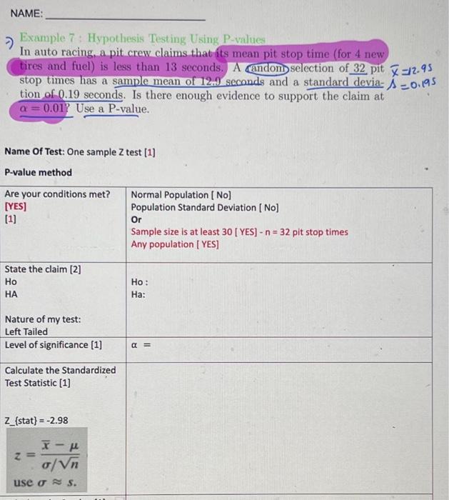 Solved Name Example 7 Hypothesis Testing Using P Values In