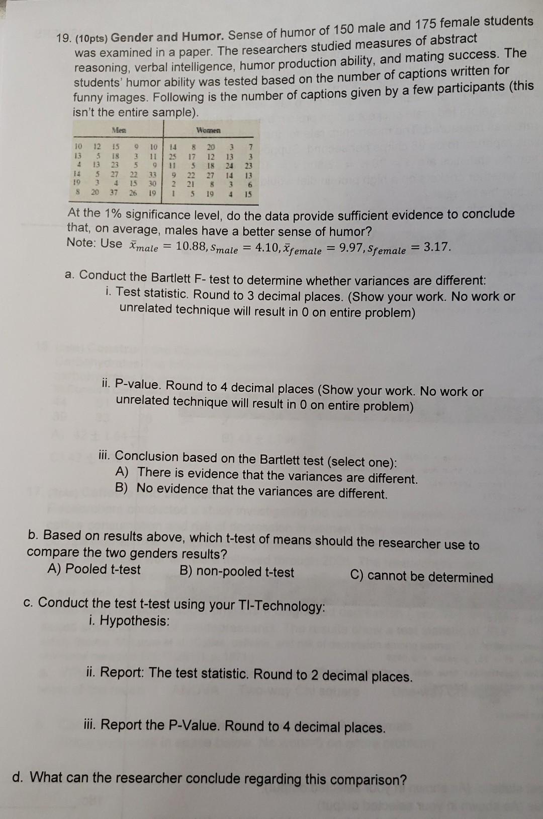 Solved 19. (10pts) Gender and Humor. Sense of humor of 150 | Chegg.com