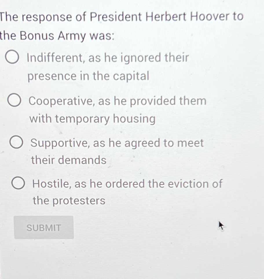 Solved The response of President Herbert Hoover to the Bonus | Chegg.com