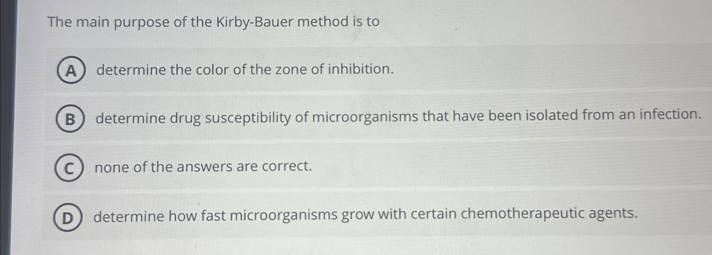Solved The main purpose of the Kirby-Bauer method is | Chegg.com