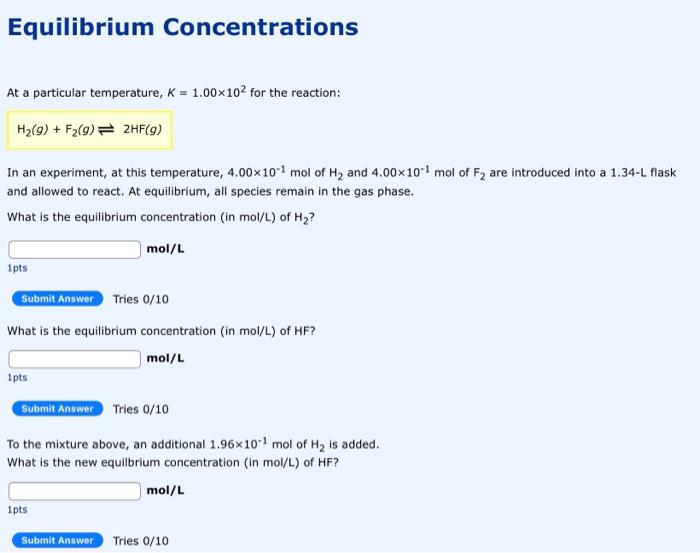 Solved Equilibrium Concentrations At a particular | Chegg.com