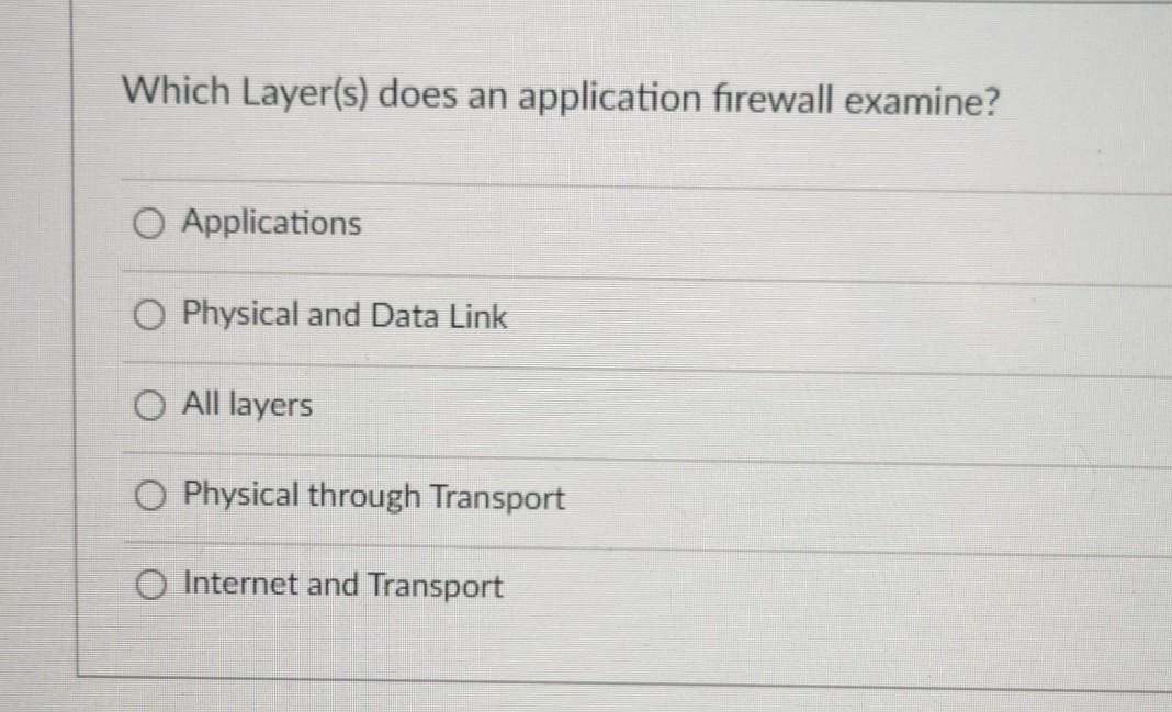 Solved Which Layer(s) does an application firewall examine? | Chegg.com