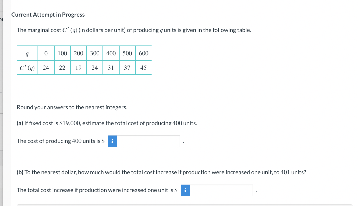 Solved Current Attempt in ProgressThe marginal cost | Chegg.com