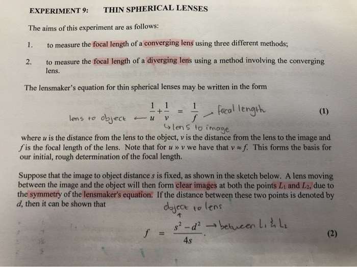 Solved EXPERIMENT 9: THIN SPHERICAL LENSES The aims of this | Chegg.com