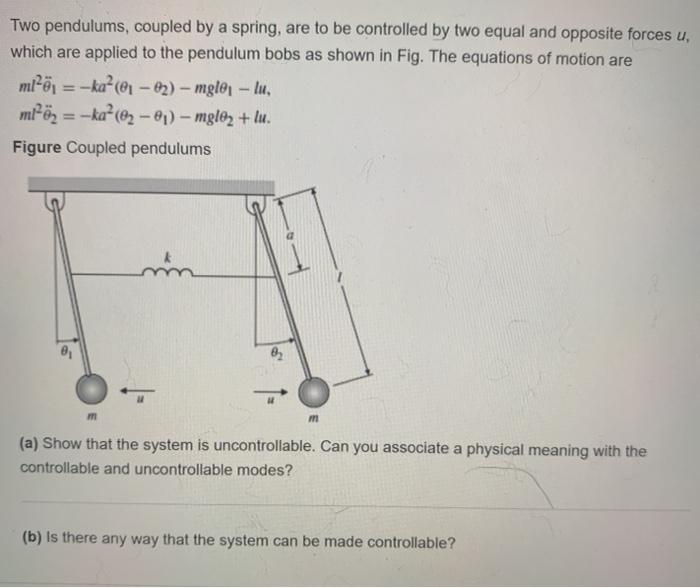 Solved Two pendulums, coupled by a spring, are to be | Chegg.com