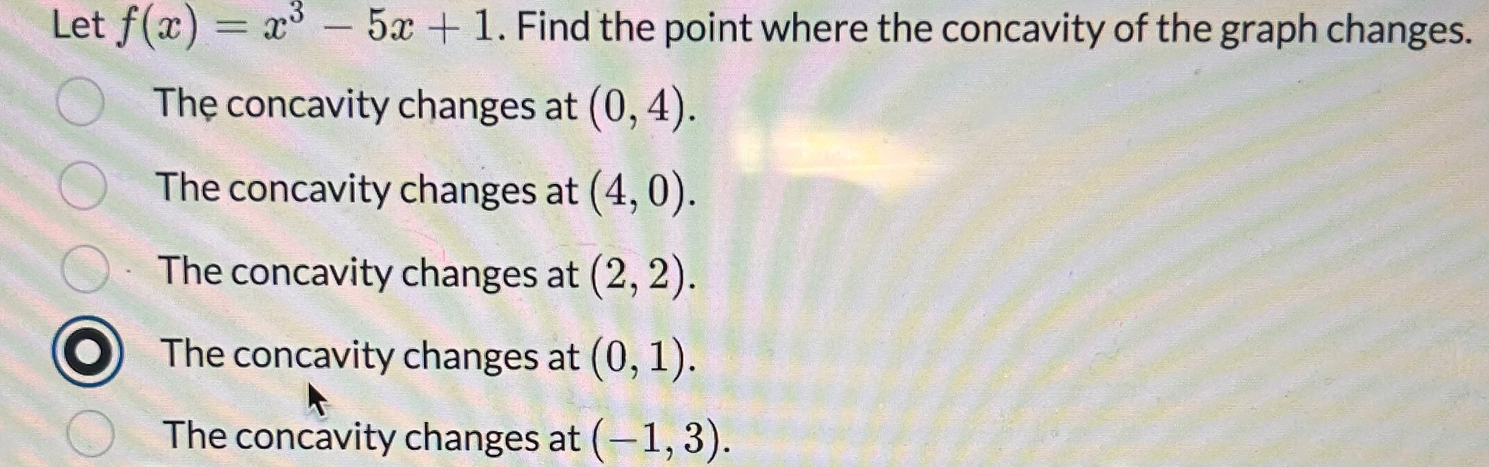 Solved Let f(x)=x3-5x+1. ﻿Find the point where the concavity | Chegg.com