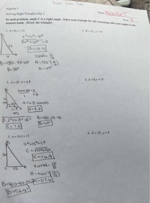 Solving Right Triangles Day 2 Name Phischelhe | Chegg.com