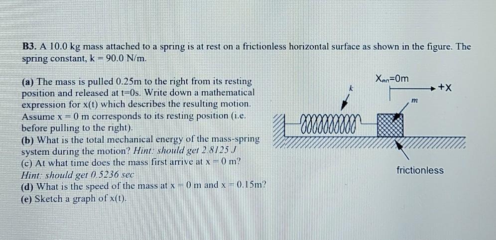 Solved B3. A 10.0 kg mass attached to a spring is at rest on | Chegg.com