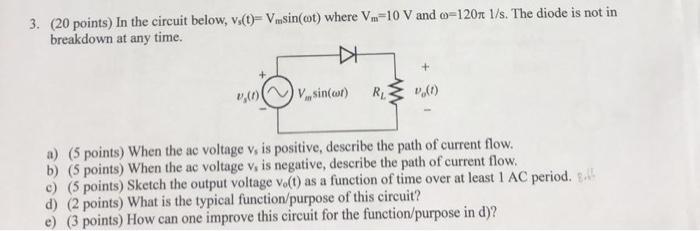 Solved 3. (20 points) In the circuit below, v.(t)=Vmsin(at) | Chegg.com