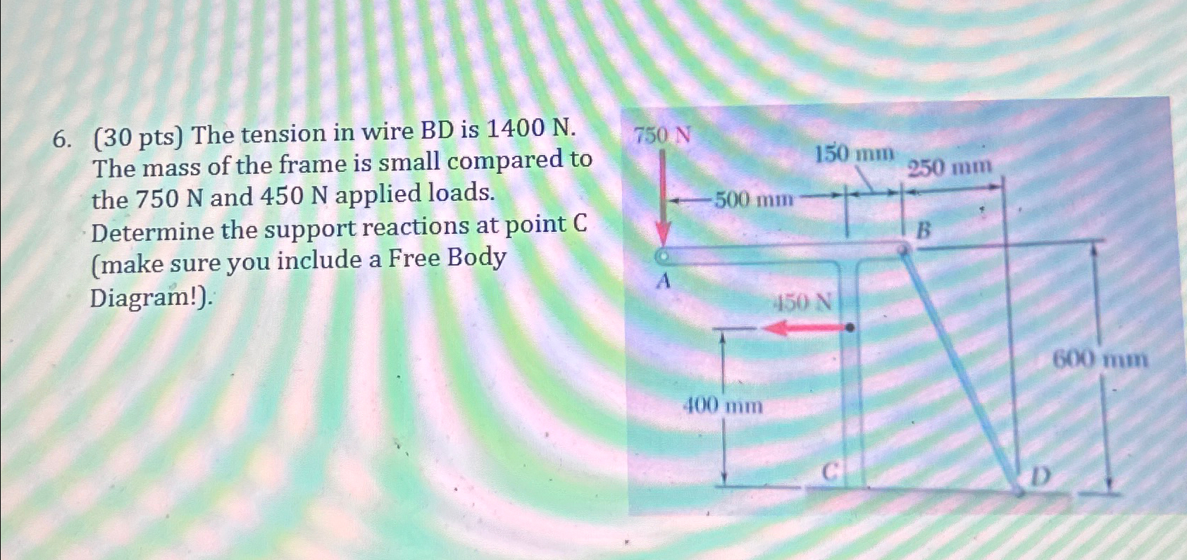 Solved (30pts) ﻿The tension in wire BD is 1400N. ﻿The mass | Chegg.com