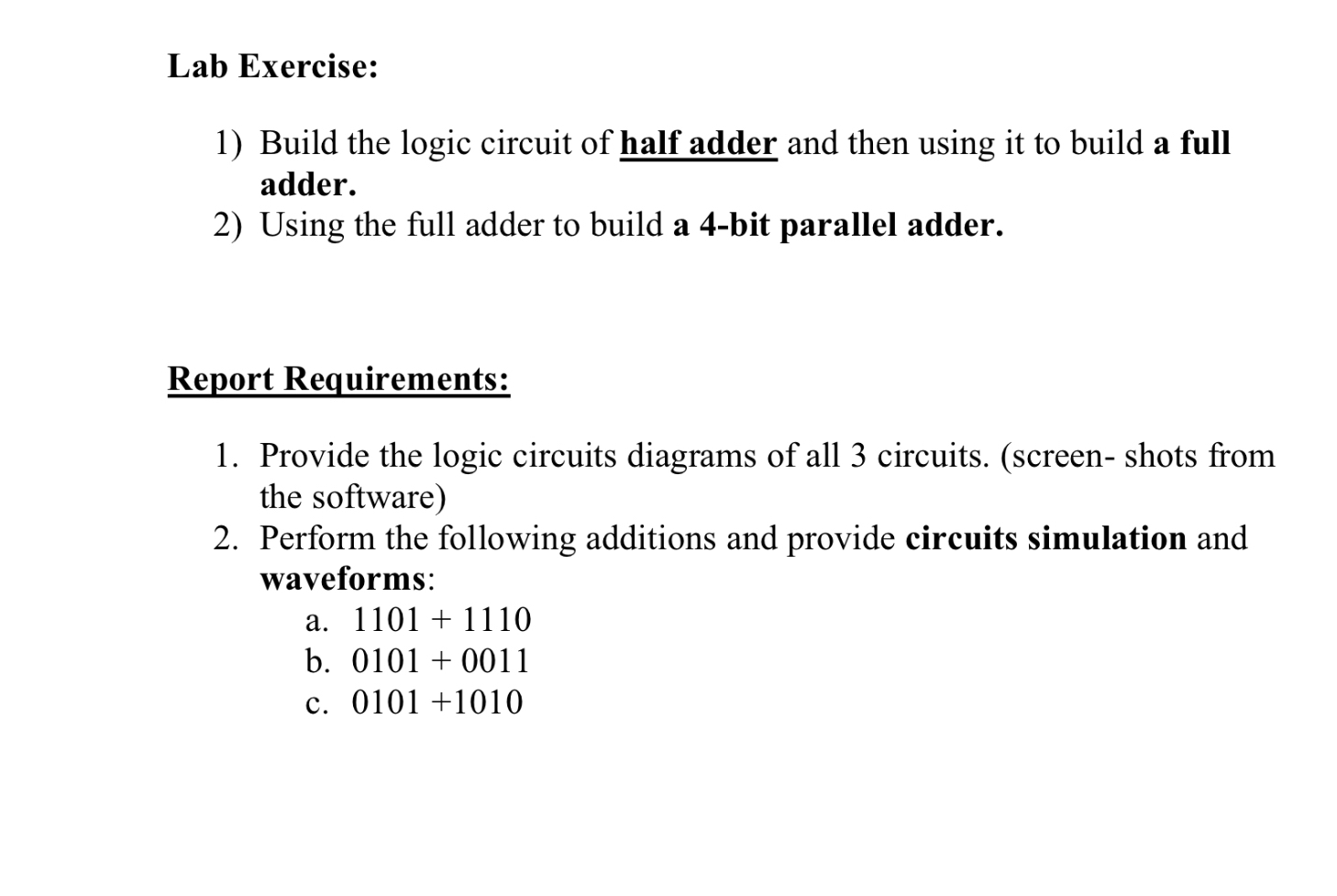 Solved Lab Exercise:Build the logic circuit of half adder | Chegg.com
