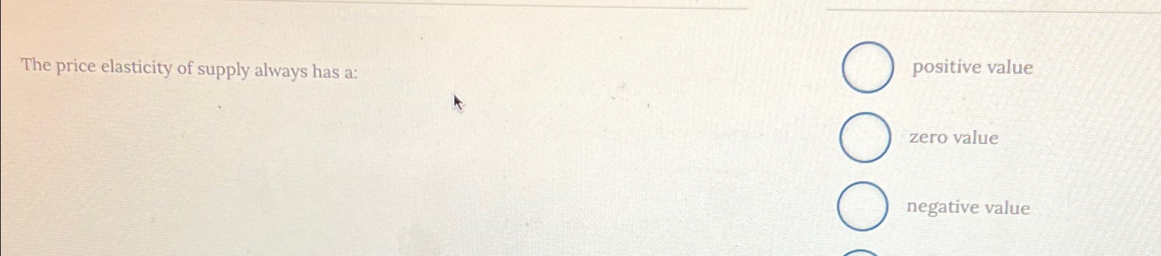 Solved The price elasticity of supply always has a:positive | Chegg.com